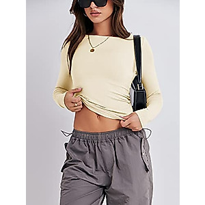 ANRABESS Women Long Sleeve Slim Fit Crop Top Going Out Tight Y2K Tshirt Trendy Basics Tees Streetwear Workout Athletic 2023 Fashion Clothes 1029xingse-S Apricot