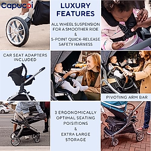 Capucci Velos Versatile Luxury Stroller, Patented Instant One-Button One-Action, Self Standing Fold, Full Size, Full-Feature Modular Baby Stroller w/Reversible Seat & Car Seat Adapters, Sea Foam