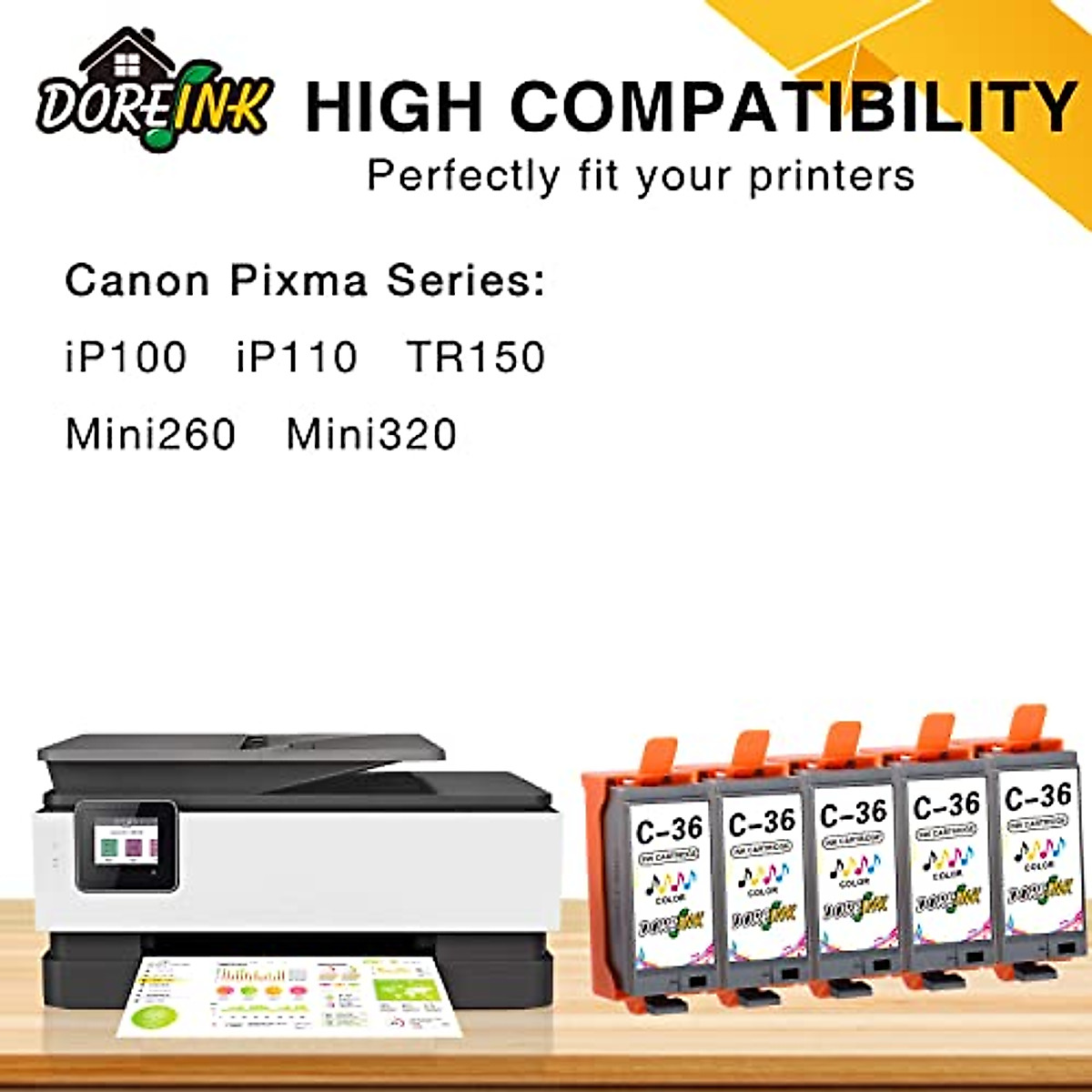 DOREINK Compatible 36 CLI 36 / CLI36 Ink Cartridge Replacement for Canon CLI 36 / CLI36 with Pixma TR150 iP110 iP100 Mini260 Mini320 Printer (5 Pack,5 Tri-Color)
