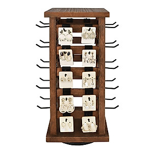 Ikee Design 5 Tiers Easy Assemble Wood Rotating Jewelry Display Tower with 42 Removable Hooks,Spinning Earring Card Storage Display Stand for Store, Showcase, Tradeshow and Home,Brown Color
