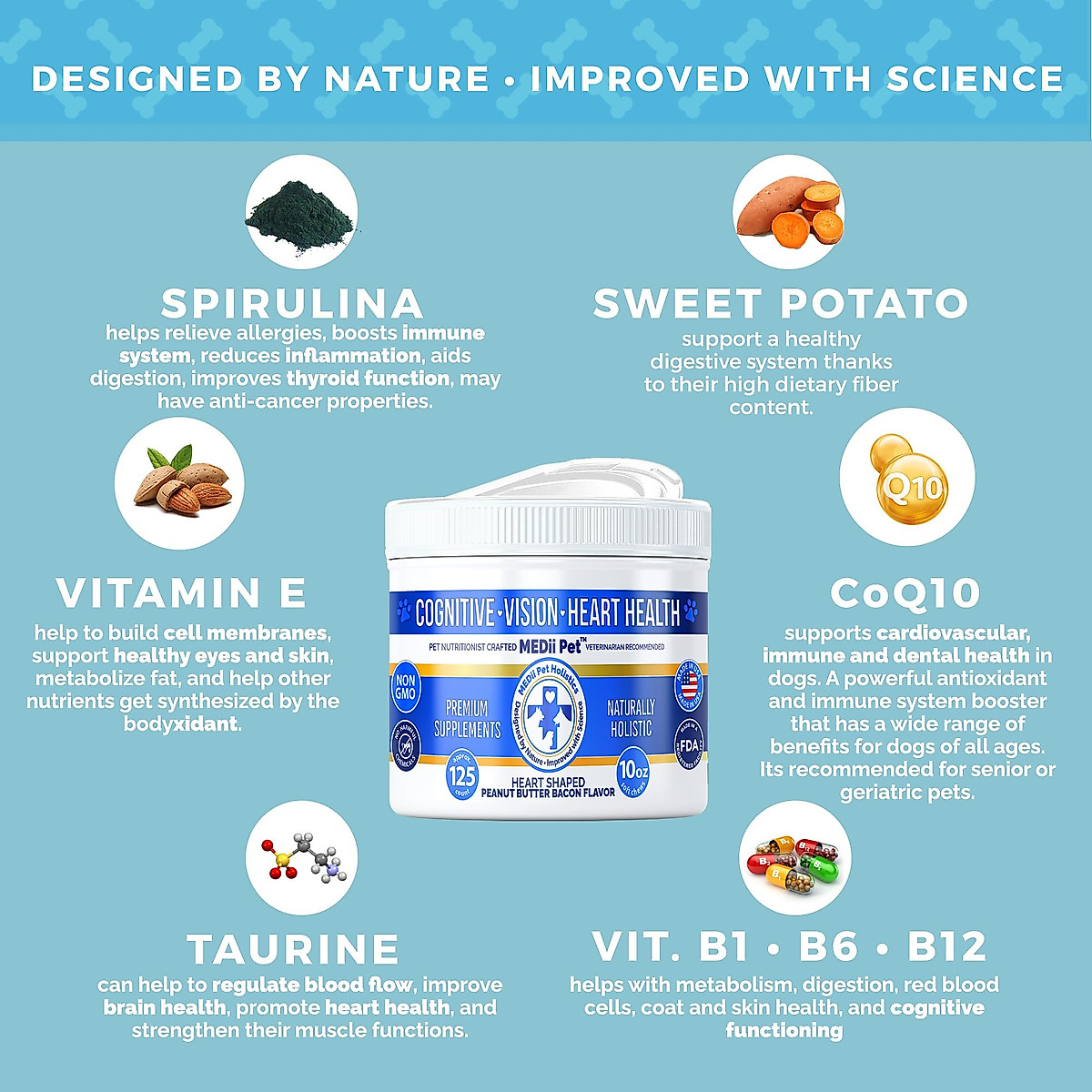 MEDii Pet Dog Vitamin Supplements & Health Booster: Metabolism, Cardiac, Eyes, & Helps Prevent Dog Dementia– Includes Spirulina, Vitamin B1, B3, & B12, Non-GMO, 125 ct/10 oz. Best Value