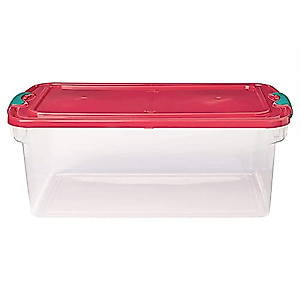 Homz 64 Quart Holiday Seasonal Decor Decoration Organizer Plastic Storage Bin Container with Red Tight Latching Lid and Green Handles, 6 Pack
