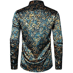 ZEROYAA Men's Hipster Design Silk Like Satin Button Up Paisley Dress Shirt for Party Prom ZLCL31-101-Teal Medium
