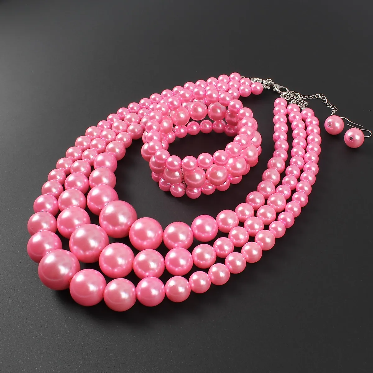 KOSMOS-LI Large Pearl Jewelry Set 3 Layer Simulated Pink Pearl Women's Statement 18" Necklace Bracelet and Earrings