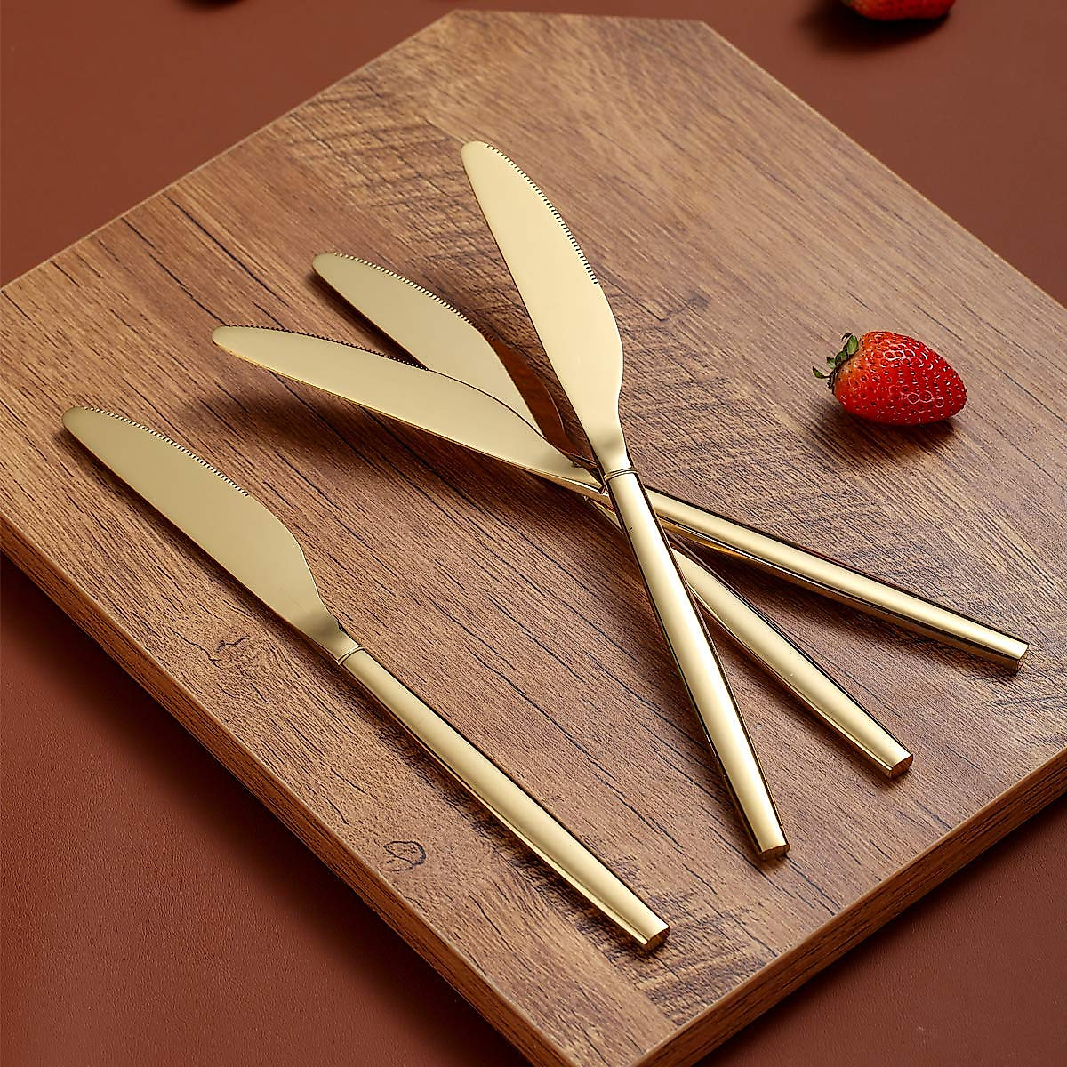 Berglander Gold Dinner Knives Set Of 4, Titanium Shiny Gold Plating Stainless Steel Dinner Knife, Butter Knife Table Knives Dishwasher Safe