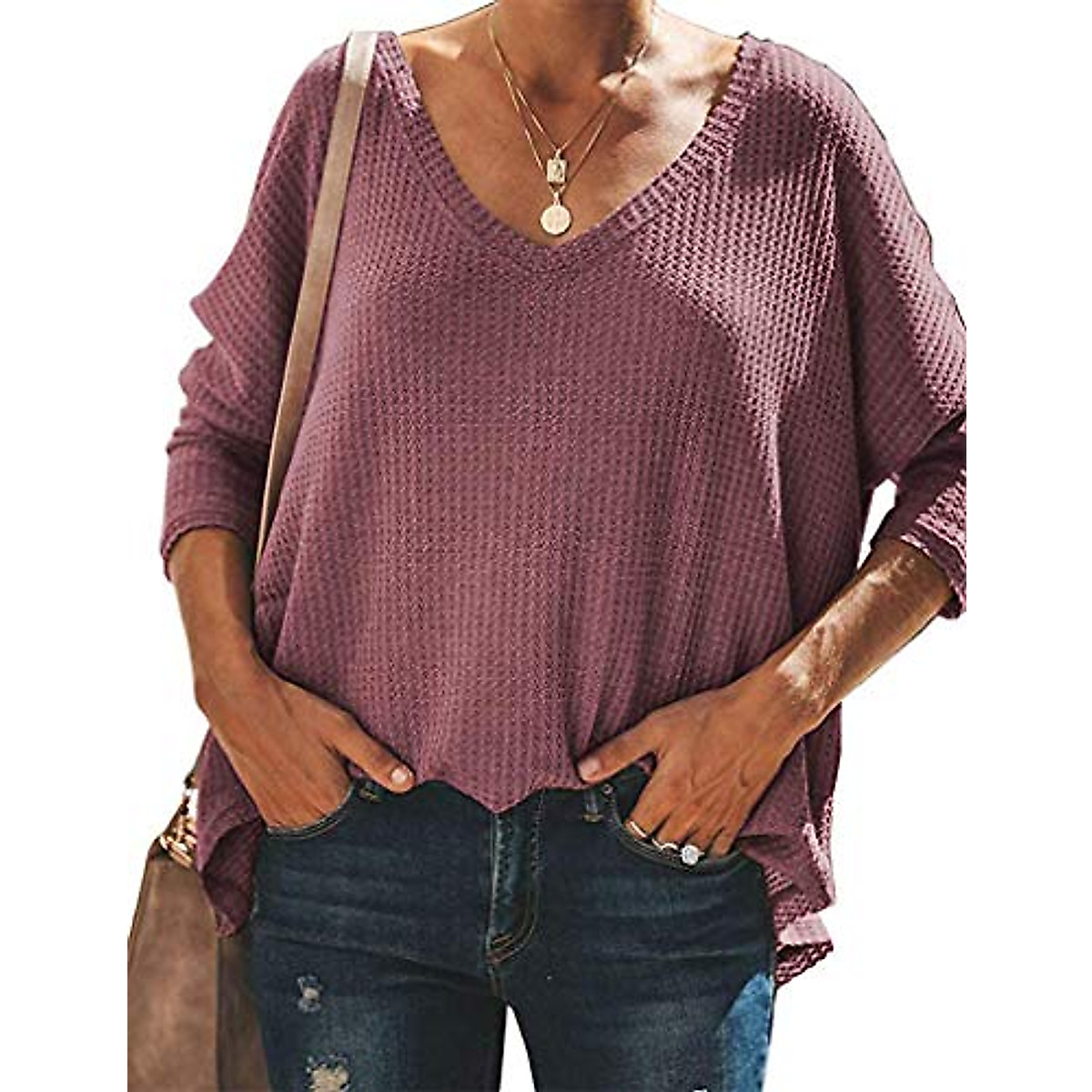 LuckyMore Women Long Sleeve V Neck Tops Sexy Off The Shoulder Loose Pullover Sweater Rust Red S