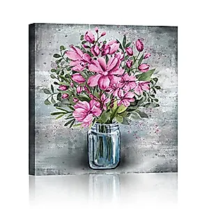 StrLon Bathroom Wall Decor Floral Canvas Wall Art Pink Flower in Blue Bottle Hand Painted Artwork for Kitchen Bedroom Office Ready to Hang Size 14"X14"