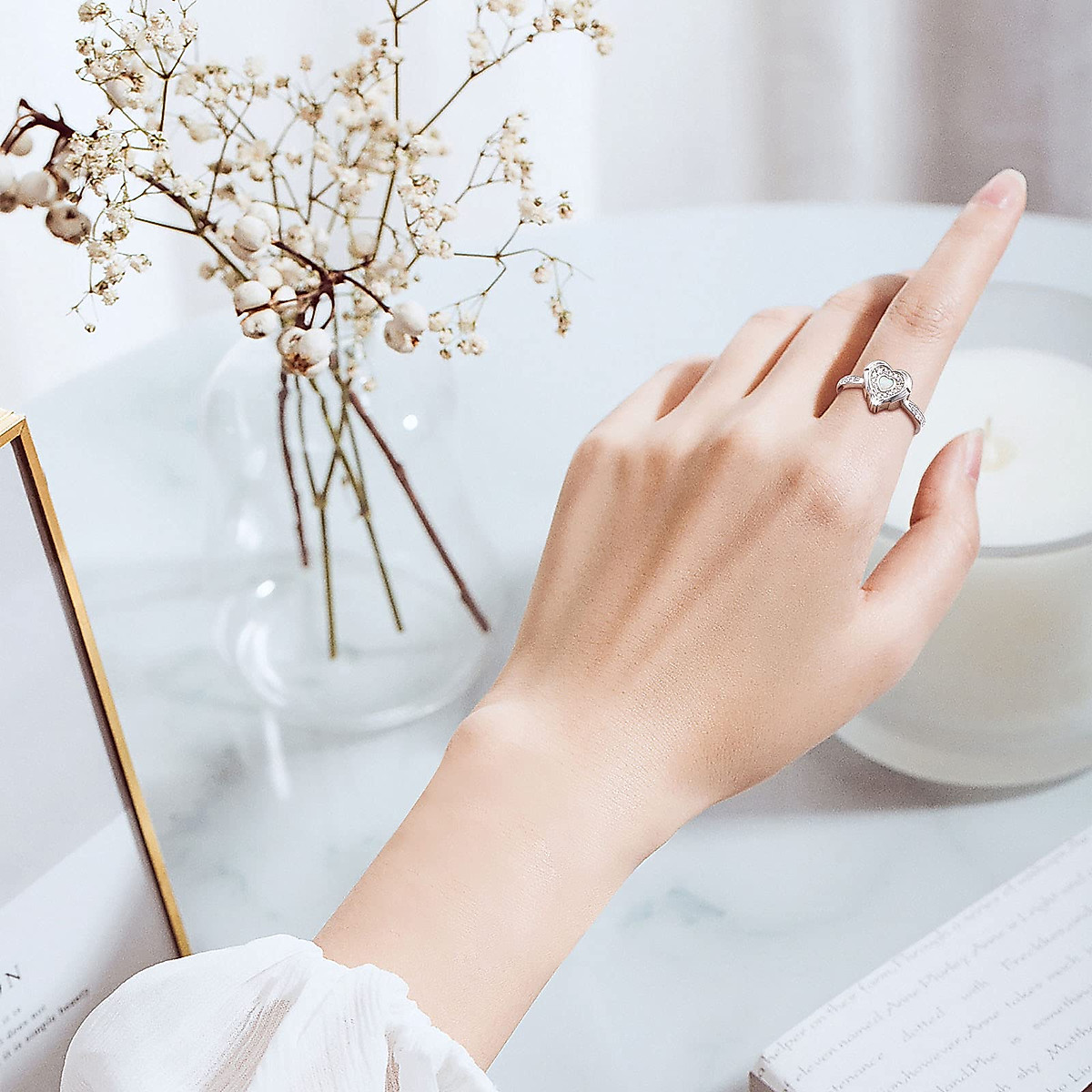 925 Sterling Silver Lab Opal Heart Urn Ring for Ashes Angel Wings Cremation Jewelry Memorial Keepsake Rings for Women Girls Size 7