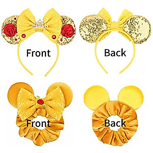 zhezesmila Beauty Mouse Ears Headband Classic Mouse Head band & Belle Ears Mouse Ears Scrunchies Rose Bow for Women, Girls, Princess Dress Accessories, Party,Cosplay Costume for Adults