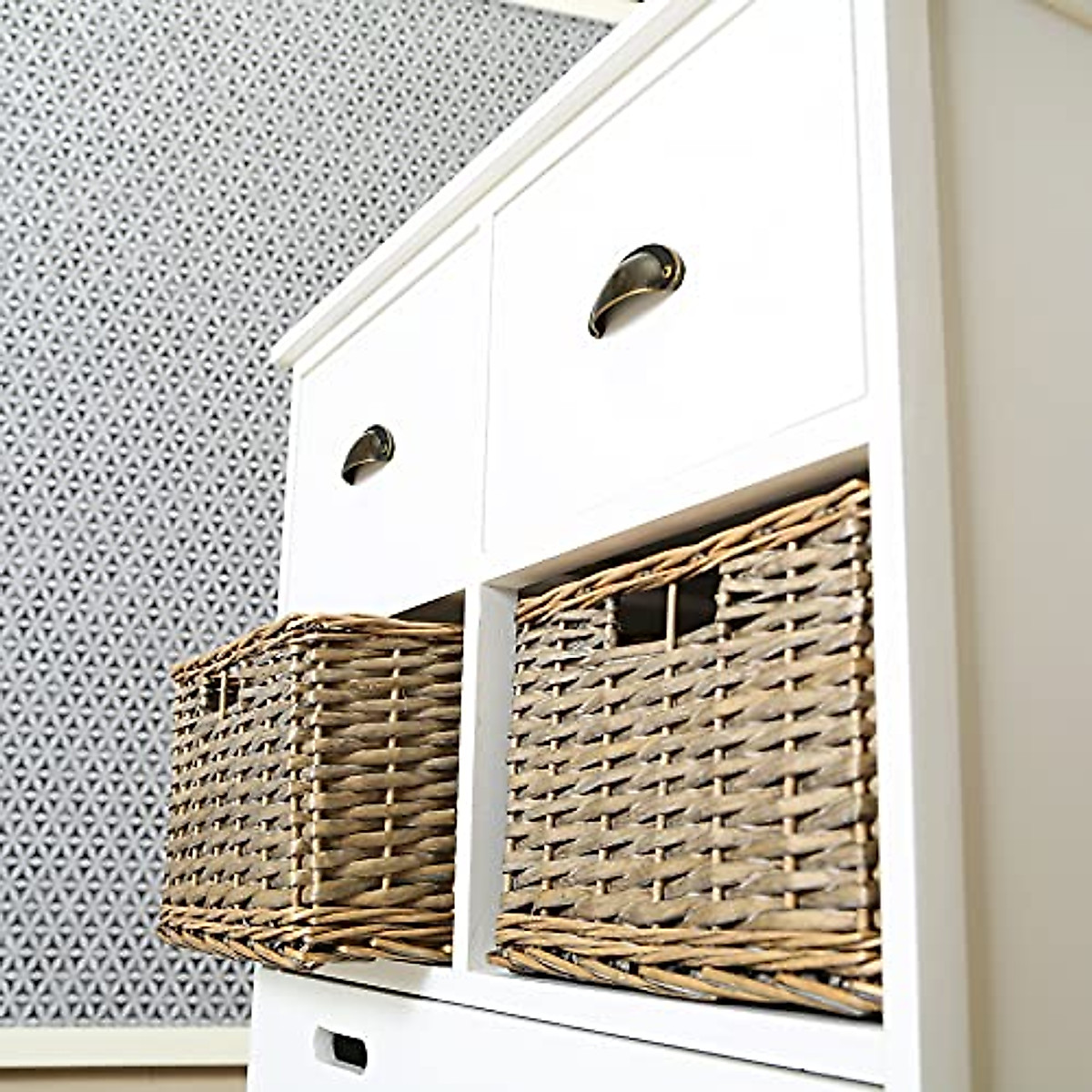 WHW Whole House Worlds Hamptons Decorative Accent Chest with 3 Baskets, Bin Pull Hardware, White, Brown Willow Wicker, Solid Wood, MDF, 13.75 L x 28.0 W x 30.25 H inches, 19.75 lbs