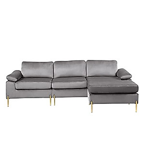Prohon L-Shaped Sectional Sofa with Velvet Chaise & Gold Metal Legs, Mid-Century Style Modular Couch w/Removable Pillow Arms and Back for Living Room, Bedroom, Office, Gray