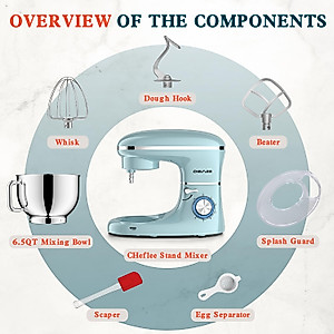 CHeflee Stand Mixer,600W 6+P With 6.5QT Stainless Steel Bowl,Dough Hook, Wire Whip & Beater,for Most Home Cooks,Blue