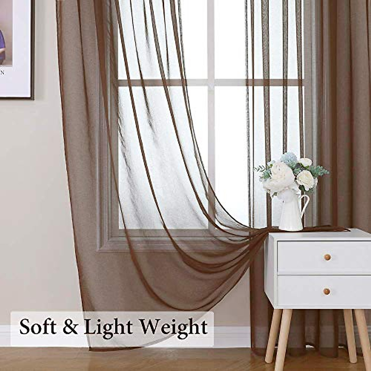 MIULEE Chocolate Brown Linen Textured Sheer Curtains 84 Inch Length 2 Panels Set for Bedroom/Living Room Semi Transparent Dark Brown Farmhouse Window Drapes Rod Pocket W 54 x L 84 Inches Long