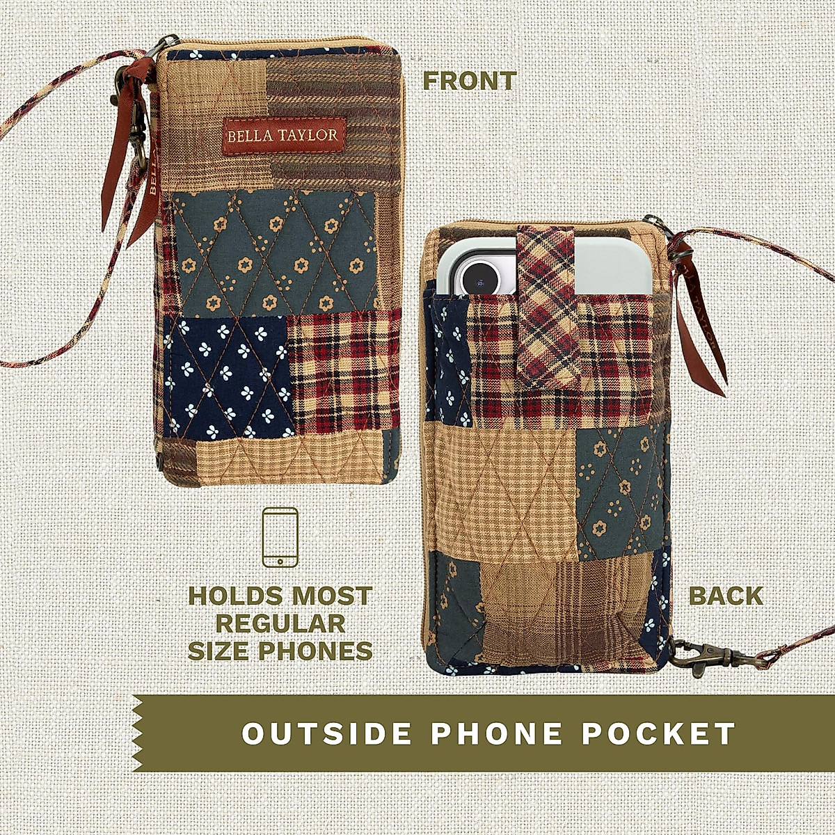 Bella Taylor Cell Phone Wristlet Wallet for Women with Smartphone Pocket and RFID Protection, Primitive Patch Navy Patchwork