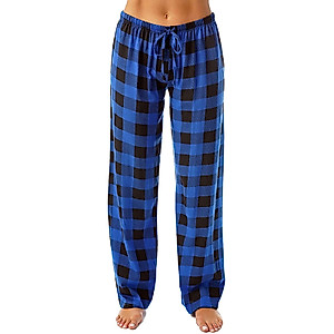 Women's Plaid Pajama Pants Casual Wide Leg Palazzo Pants Fuzzy Christmas Pjs Bottoms Trousers Drawstring Elastic Waist Lounge Pants Sleepwear with Pockets Blue S