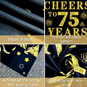 Trgowaul 75th Birthday Decorations for Women Men, Cheers to 75 Years Banner, Black Gold 75th Birthday Backdrop, 75th Wedding Anniversary Decorations for Couple, Party Sipplies Photography Background