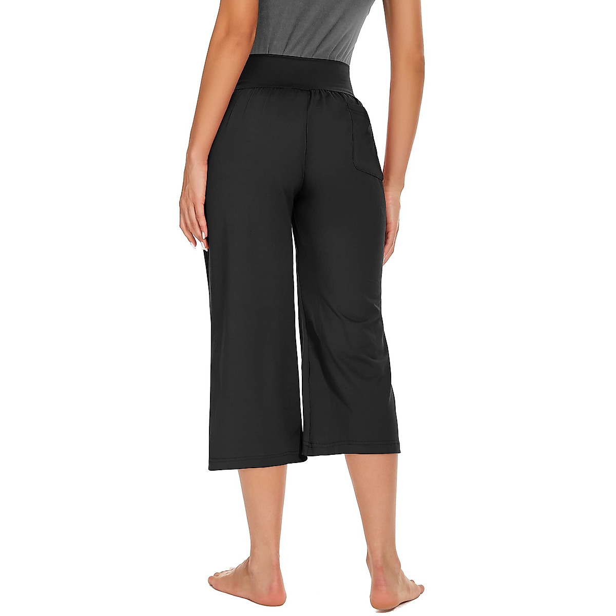 FAYLR Womens Wide Leg Capri Yoga Lounge Summer Loose Pullover Crossover High Waist Capri Pants with Pockets Black Large