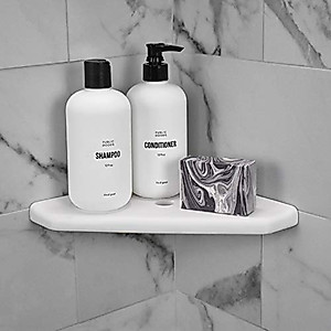 Questech Décor 8 Inch Corner Shower Shelf and 5 Inch Shower Caddy Soap Dish, Geo Lugged Back for New Construction, Wall Mounted Bathroom Shower Organizer, Bright White Matte