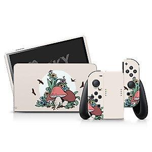Tacky Design Mushroom Skin Compatible with Nintendo Switch OLED Skin Wrap Cover, Kawaii Beige Skin for Nintendo Switch OLED Stickers, Premium Vinyl 3M Full Wrap Decal