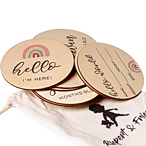 Baby Months Signs - Set of 14 Wooden Double Sided Baby Milestone Cards Including a Special Hello World Disc - Take a Picture and Celebrate Each Baby Age Milestone with These Milestone Wooden Circles