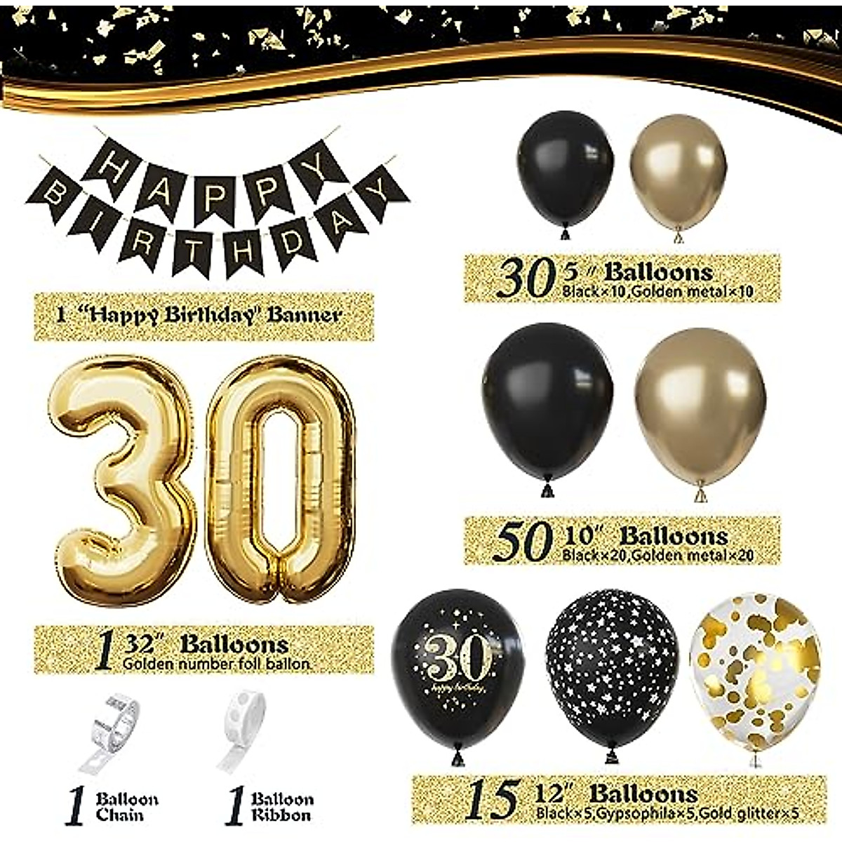 30th Birthday Decorations for Him Men , Black and Gold 30th Birthday Balloons Party Decorations with 30th Happy Birthday Banner，Black and Gold Balloons Black Gold Decor for 30th Birthday Party