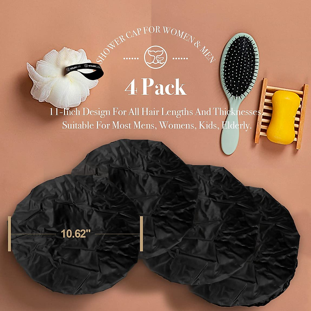 Extra Large Reusable Shower Cap for Men, Women (Black 4 Pack ) Satin Double Layer EVA Waterproof Long Hair Cap