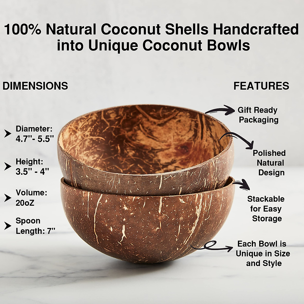 Coconut Bowls and Coconut Spoons Gift Set (Set of 4 Coconut Bowls + 4 Wooden Spoons) - 100% Natural - Vegan - Hand Made - Eco Friendly - Made from Reclaimed Coconut Shells - Bowls For Eating