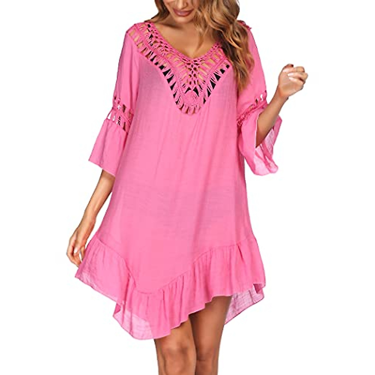 Ekouaer Swimsuit Coverup for Women Loose Bikini V Neck Coverups 3/4 Sleeves Beach Cover Dresses for Vacation