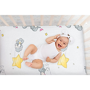 Delbree 100% Cotton Fitted Crib Sheet for Boys or Girls, Soft Baby Sheet, Standard and Toddler Mattress Cover, Elephant Stars, 28x52in, 52x28