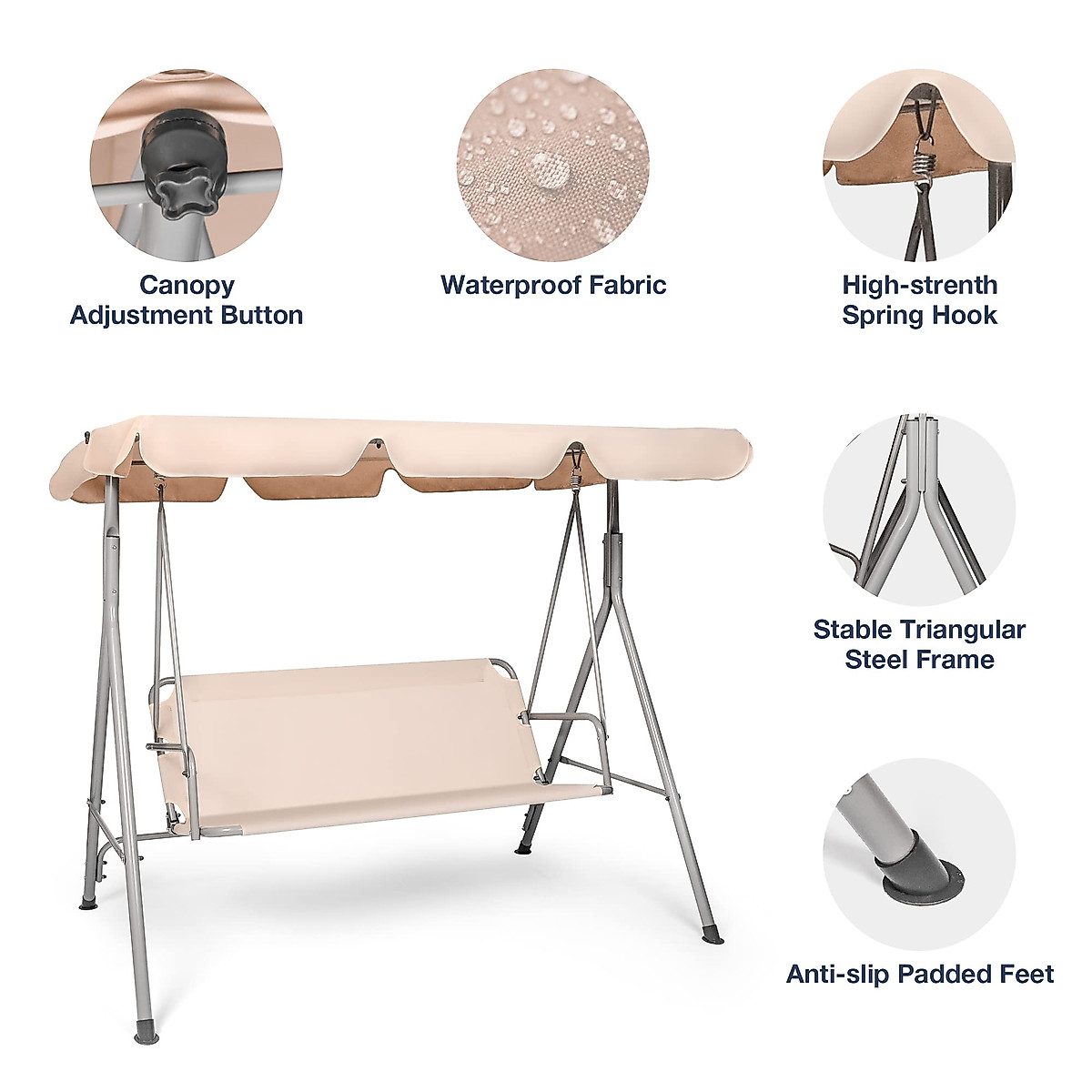 Vilobos Outdoor Patio Swing Chair, Porch Swing Bench with Adjustable Canopy&Duracble Metal Stand, Patio Swing Set for Backyard, Porch and Garden, Beige