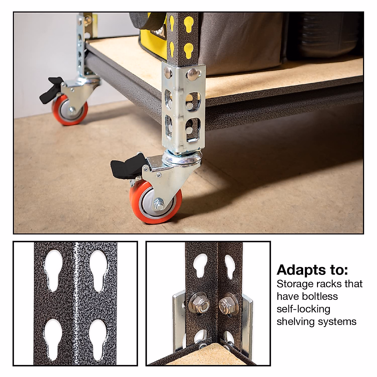 4pc - Storage Rack Caster Wheels (Adapts to Boltless Self Locking Shelving Racks) (3" (500 Max Total Capacity))