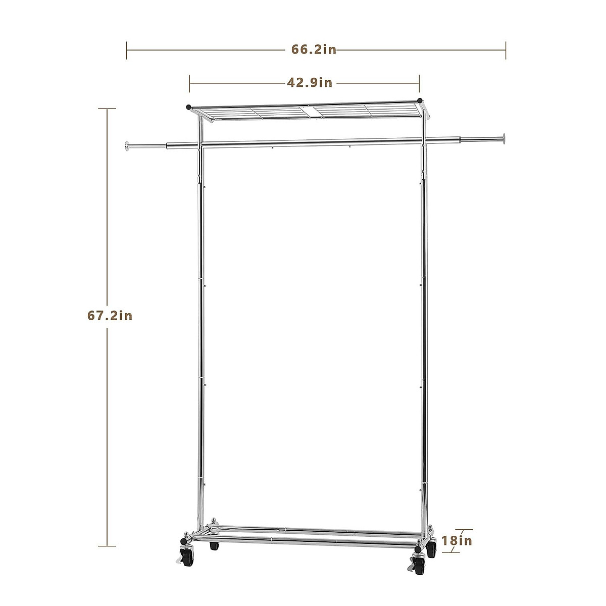 HOUSE AGAIN Clothes Rack on Wheels with Extra Top Storage Shelf, LARGE Rolling Garment Rack for Hanging Clothes, Heavy-duty Metal Clothing Rack Organizer for Bedroom, Living Room -Silver