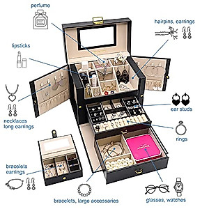 01 besharppin Jewelry Box, 3 Layers Jewelry Organizer with Mirror and Small Portable Case for Earrings Rings Necklaces Bracelet Storage (Black)