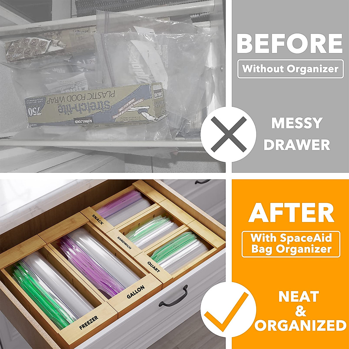 SpaceAid Bag Storage Organizer for Kitchen Drawer, Bamboo Organizer, Compatible with Gallon, Quart, Sandwich and Snack Variety Size Bag (5 Pack Set)