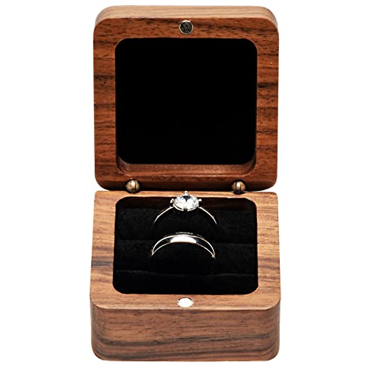 COSISO Square Solid Wood Double Ring Box Case for Wedding Ceremony Engagement Proposal,Wooden Ring Holder for 2 Rings (Black Inner)