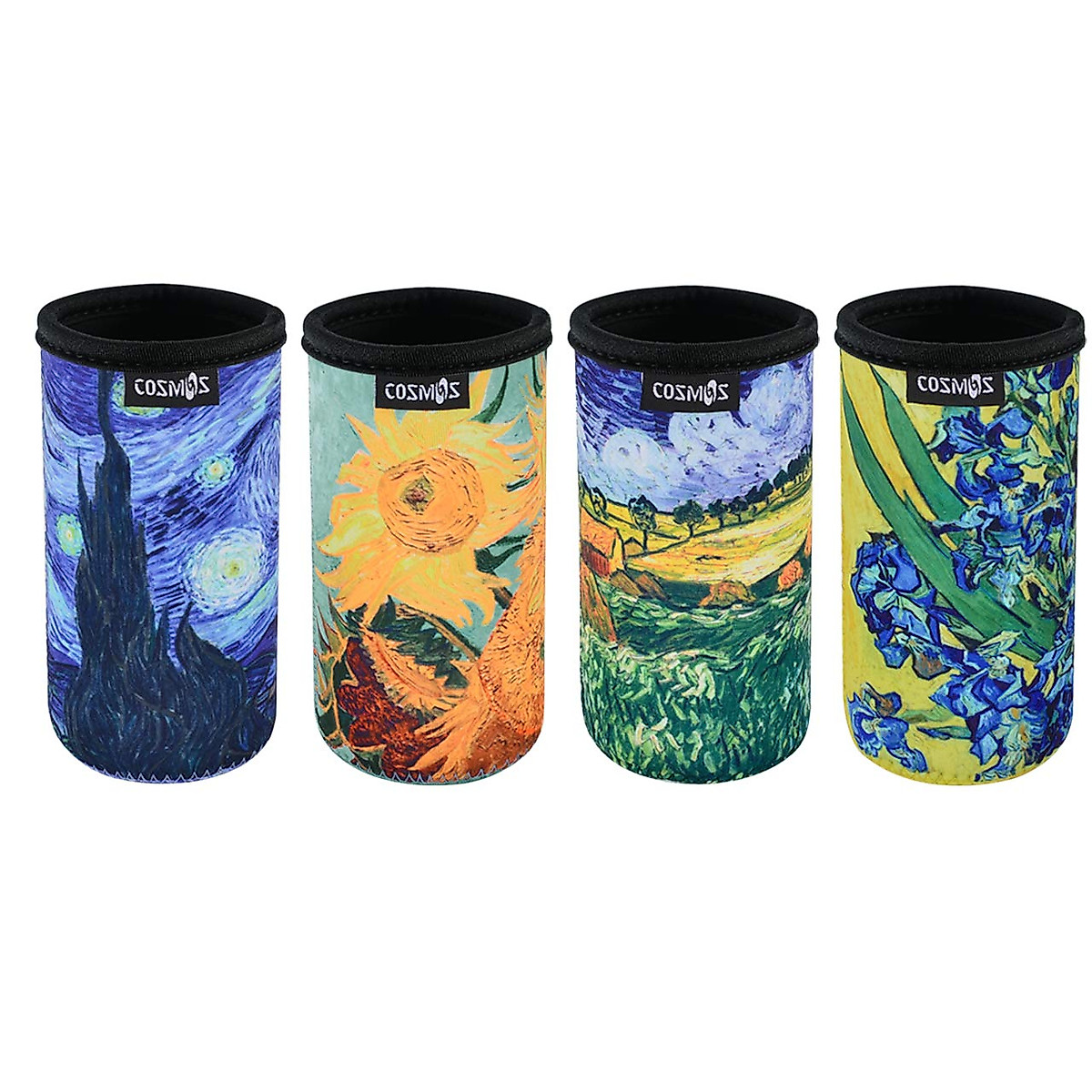 CM Soft Neoprene Slim Can Sleeves Insulators Slim Can Covers with Van Gogh Painting The Starry Night Sunflowers Painting Pattern for 12 Fluid Ounce Energy Drink & Beer Cans