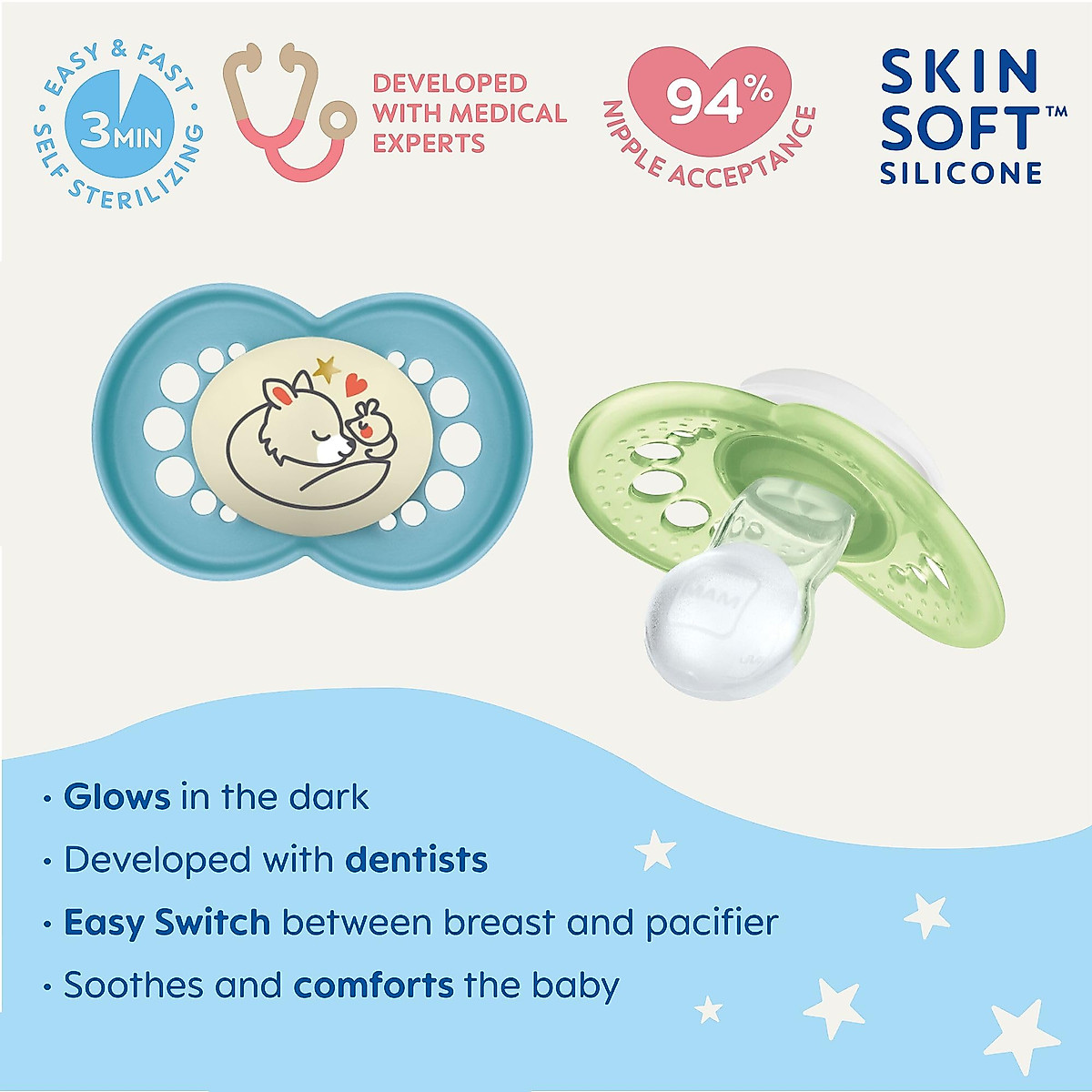 MAM Original Day & Night Baby Pacifier, Nipple Shape Helps Promote Healthy Oral Development, Glows in The Dark, 3 Pack, 6-16 Months, Boy,3 Count (Pack of 1)