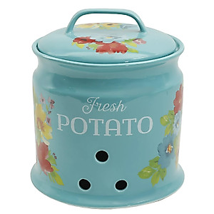 9.5 inch Potato Storage For Pantry, Garlic Keeper For Kitchen Counter, Onion Keeper, Potato Bin, Potatoes Storage, Stoneware Food Storage Canisters with Holes and Lid