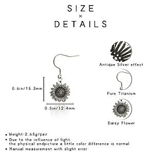 Titanium Vintage Sunflower Drop Earrings For Women, Stainless Steel Flower Dangle Earrings Charms, Pure Titanium Hook Hypoallergenic For Sensitive Ear