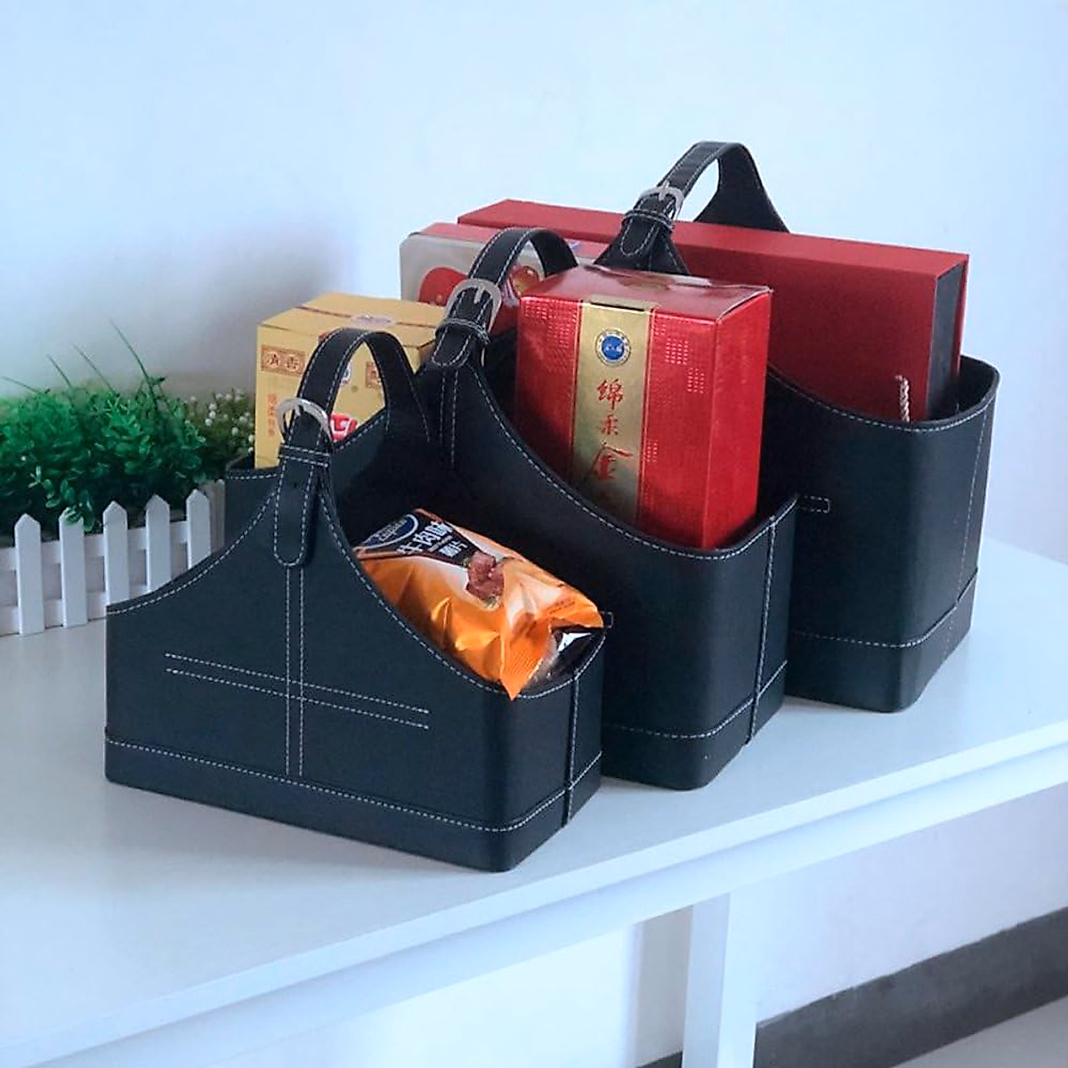 Leather Storage Basket,MDF Structure Wine Flowers Fruits Magazine Holder Rack/Bins,with Top Handle for Holiday Presents Gifts Display (Small, Black)