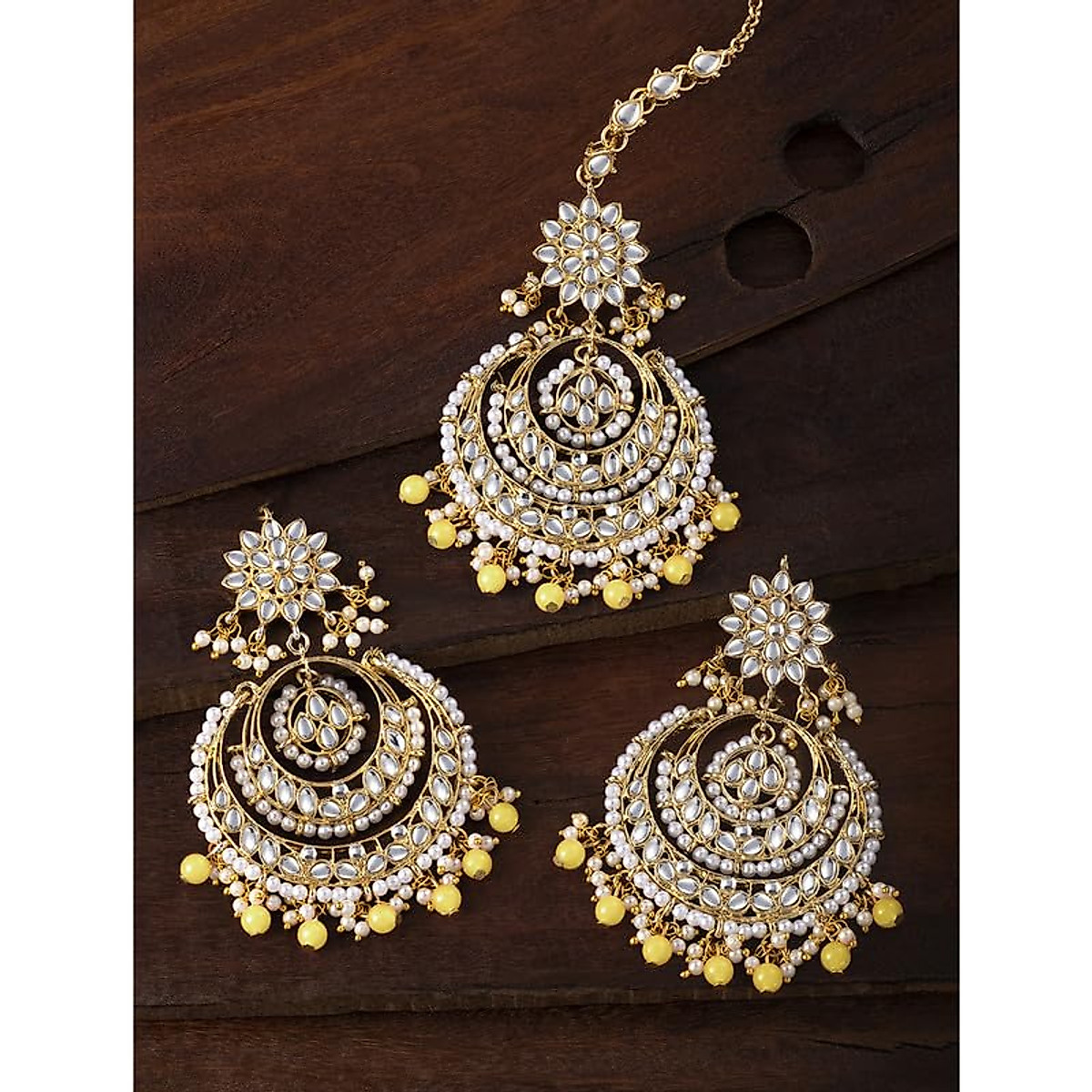 Aheli Bollywood Ethnic Chandbali Style Big Earrings Maang Tikka Set Indian Traditional Bollywood Fashion Jewelry for Women (Yellow)