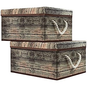 Sorbus Storage Box Set with Lid, Carry Handles, Foldable Frame, Rustic Wood Grain Print Bins, Great for Toys, Memorabilia, Closet, Office, Bedroom, 2-Pack (Wood Box Set - Brown)
