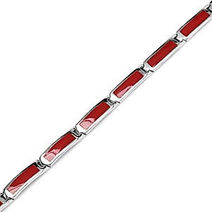 Silvershake Rectangular Shape Created Red Coral Inlay 925 Sterling Silver 8 Inch Link Bracelet