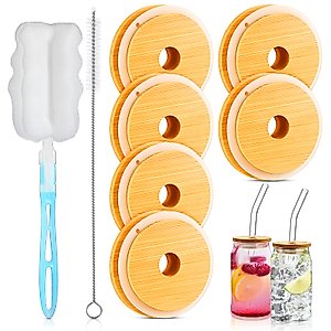 16 oz Beer Glasses Lids with Straw Hole Drinking Glass Cups Anticorrosion Beer Can Cups Lids Bamboo Lids with Brush for 16 oz Canned Beer Glasses Jar Glasses and Cans (6 Pack)