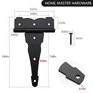 HOME MASTER HARDWARE 8 in Heavy Duty Decorative T Strap Hinge Rustproof Iron Black Gate Hinge,Tee Hinges for Storage Sheds, Gates Barns with Screws (4 Pack)