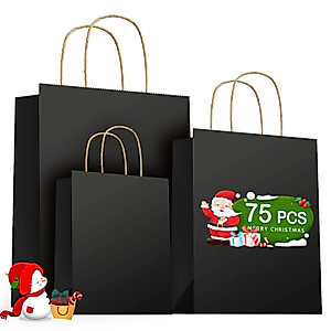 UCGOU Gift Bags 5.25x3.75x8 & 8x4.25x10.5 & 10x5x13 Inches Mixed Size 75PCS Total - 25PCS Each Black Kraft Paper Bags with Handles Shopping Bags Party Favor Bags Goodie Bags