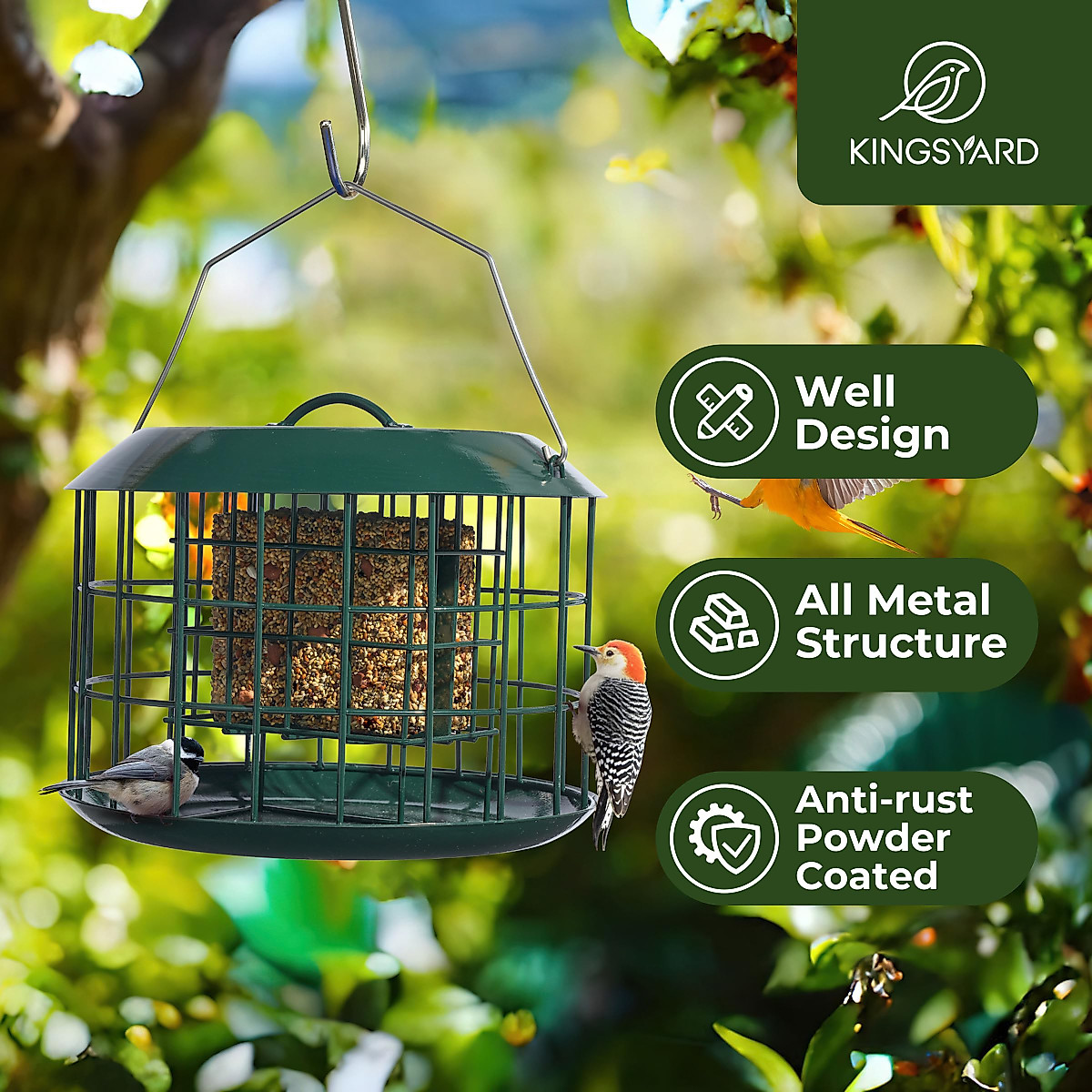 Kingsyard Squirrel Proof Suet Feeder, Cage Bird Feeders for Outdoors Hanging, All Metal, Double Suet Cake Capacity, Tray & Weatherproof, Green