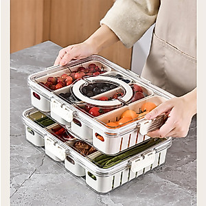 AYangrise 8-Compartment Divided+4 compartments for draining water Divided Clear Food Storage Container with Lid and Handle - Versatile Snack Tray for Refrigerator, Party, Travel, and Picnic