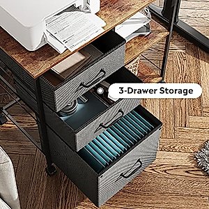 DEVAISE 3 Drawer Mobile File Cabinet, Rolling Printer Stand with Open Storage Shelf, Fabric Lateral Filing Cabinet fits A4 or Letter Size for Home Office, Rustic Brown