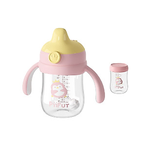 Piifur Tritan Sippy Cup with Storage Lid for 6-18 Months Leak Proof, Weighted Straw Learner Cup with Handle for Baby 8 Ounce (Pink)